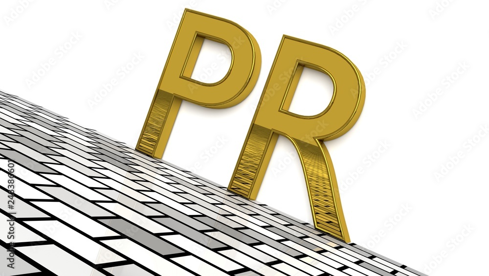 PR sign in gold and glossy letters on a white background and a brick ...