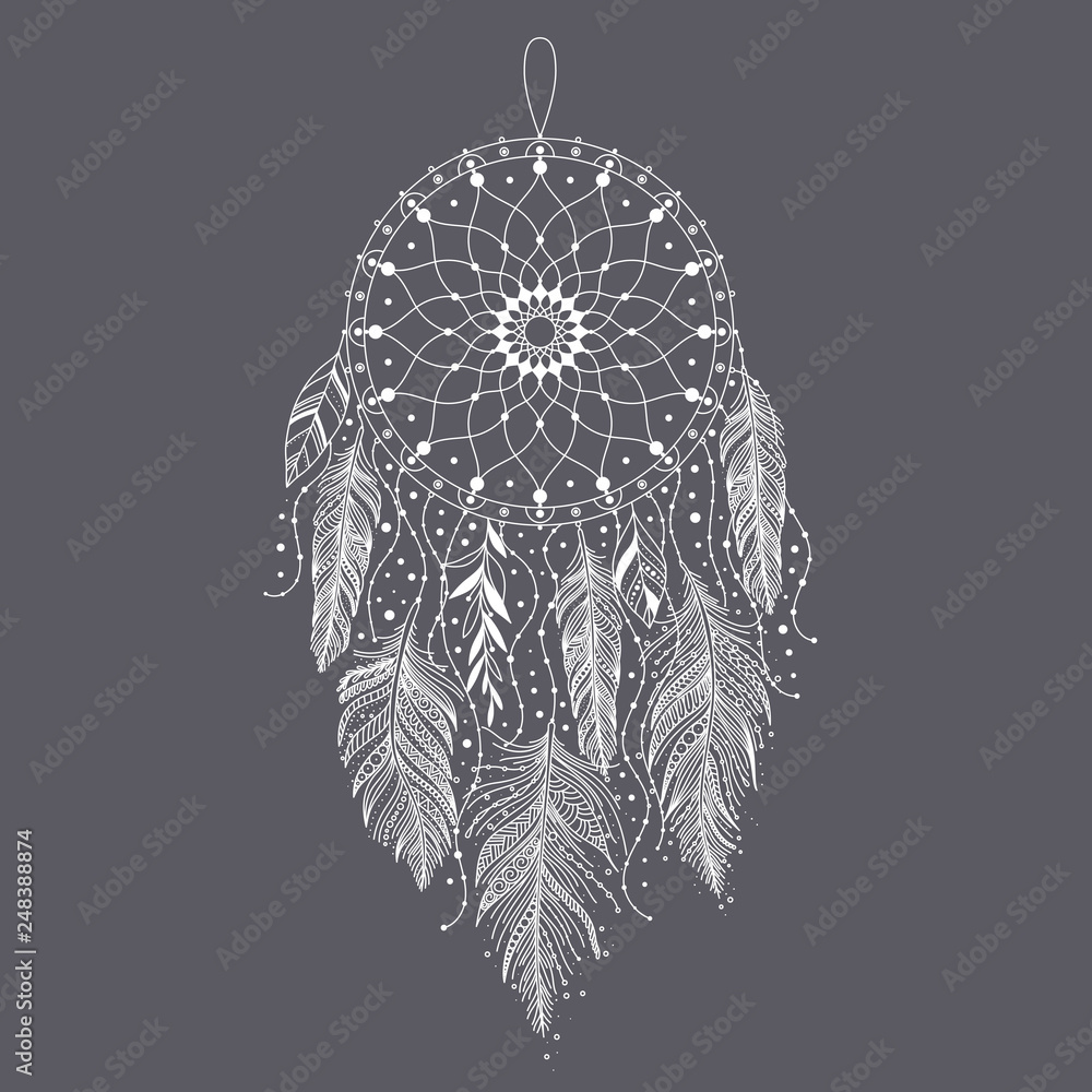 Hand drawn dreamcatcher with feathers. Ethnic art with native American ...
