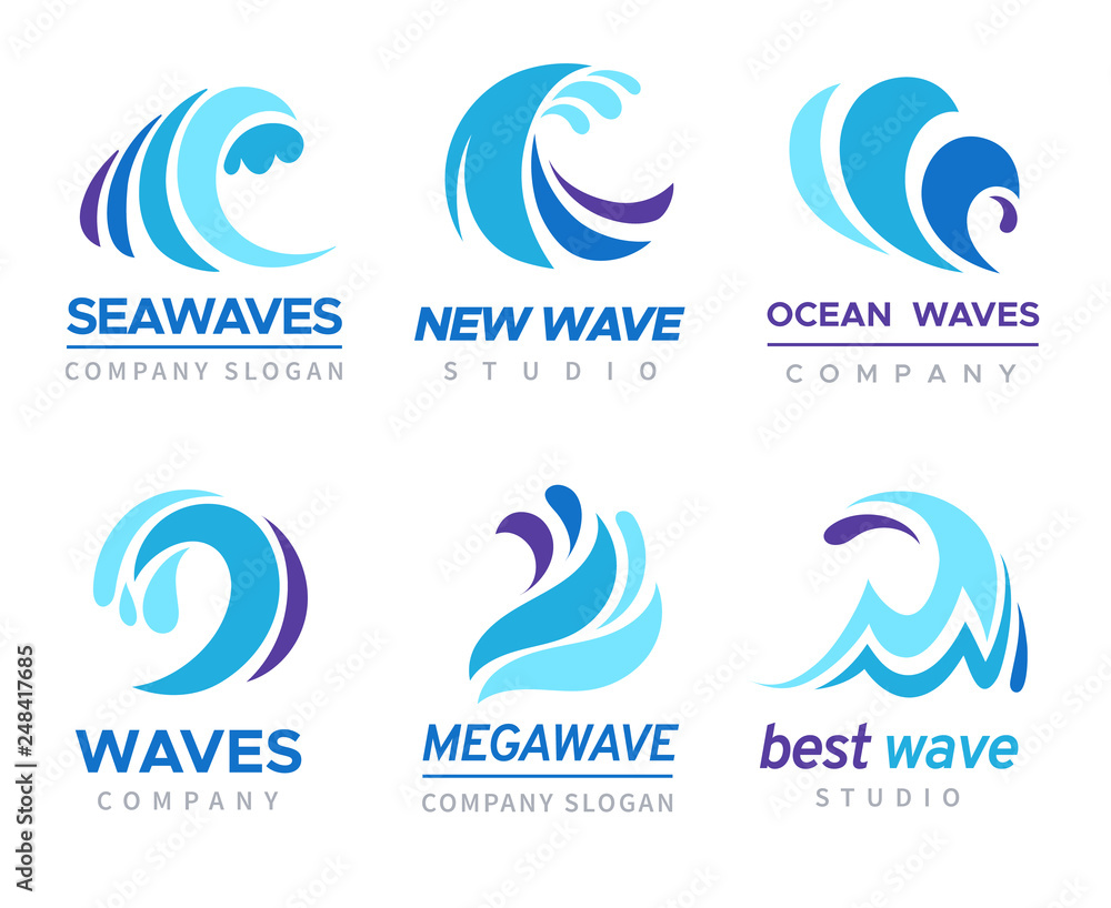 Sea wave logo. Ocean storm tide waves wavy river blue water splash ...