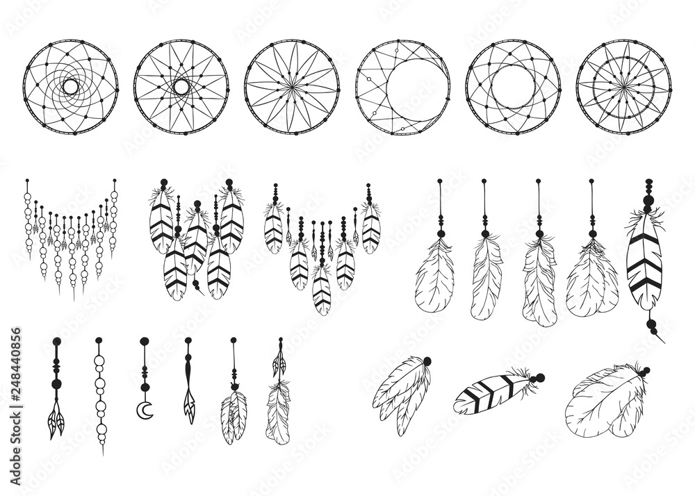 Hand drawn dream catcher creator collection in boho style. Native ...