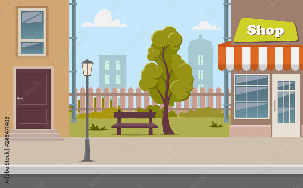 Cute cartoon town street with a shop, tree, bench, fence, street lamp ...