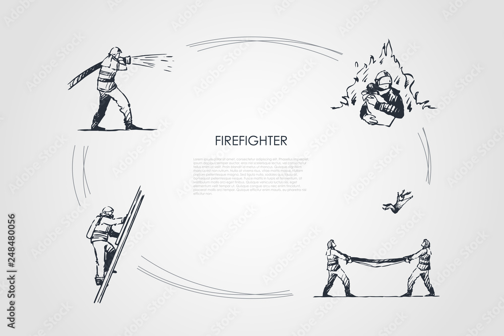 Firefighter - man firefighter extinguishing fire, climbing up ladder ...