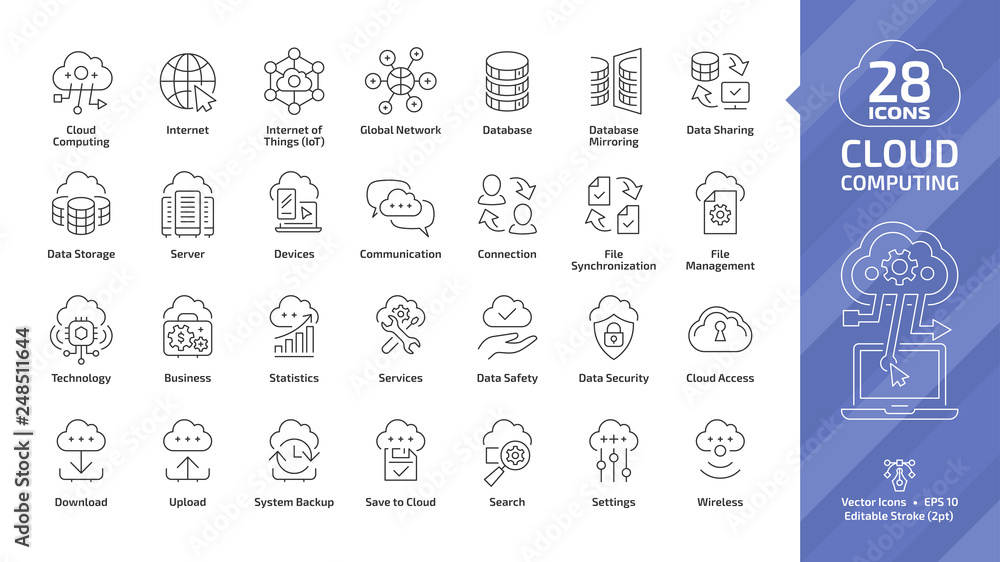 Cloud computing editable stroke outline icon set with global network ...