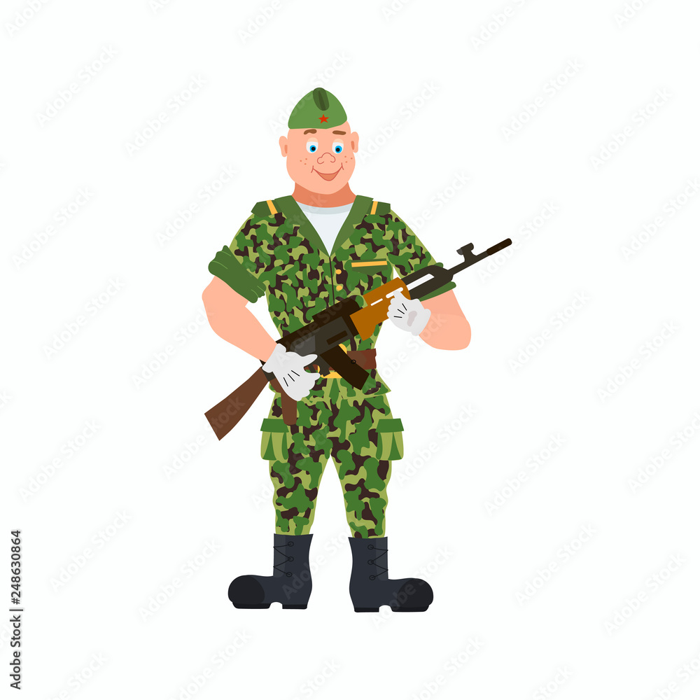 Russian soldier in uniform with Kalashnikov. Isolated on white ...