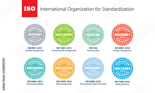 Set of International Organization for Standardization certified sign ...