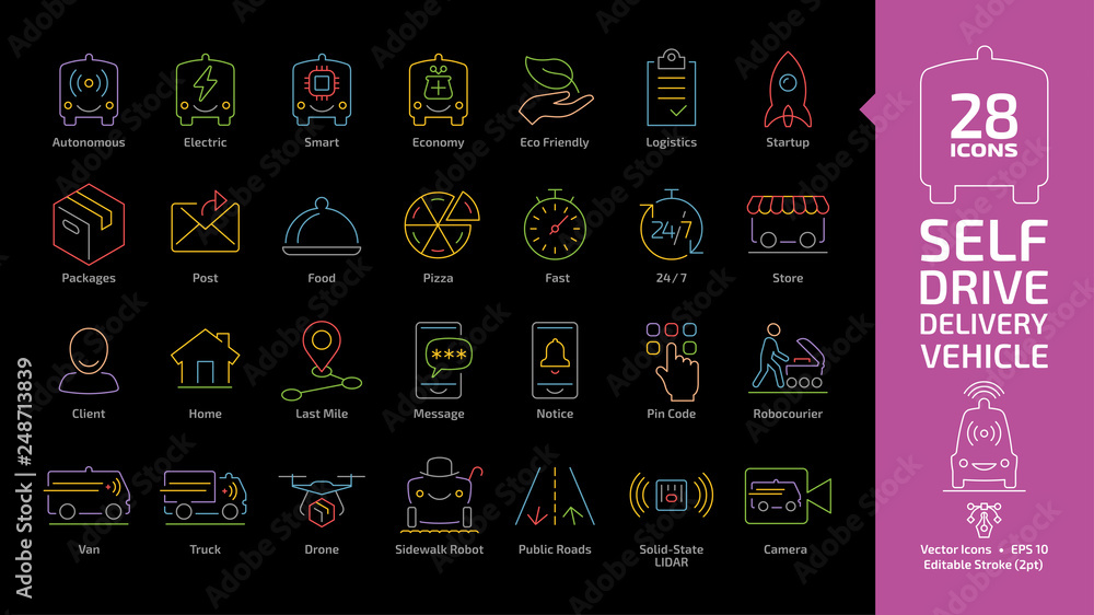 Driverless autonomous delivery vehicle editable stroke color outline ...