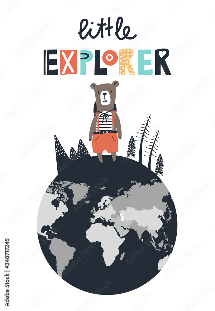 Little explorer - cute and fun hand drawn nursery poster with lettering ...