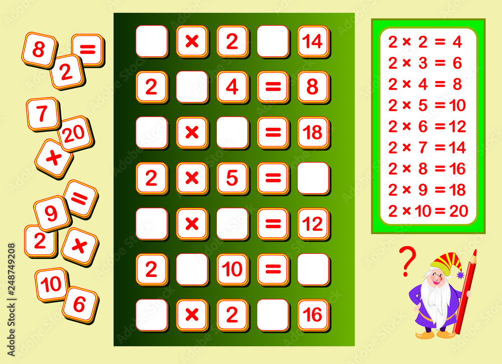 Multiplication table by 2 for kids. Find places for falling numbers and ...