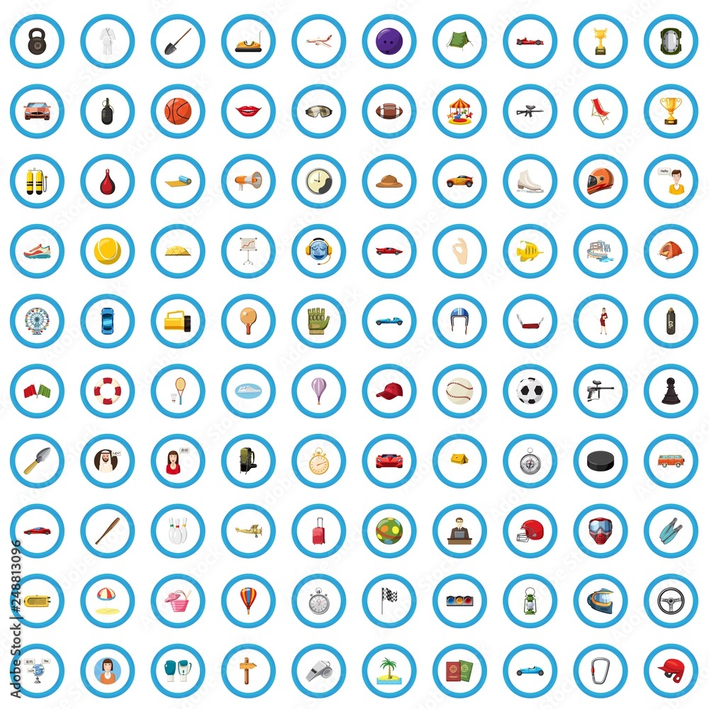 100 active icons set in cartoon style for any design vector ...