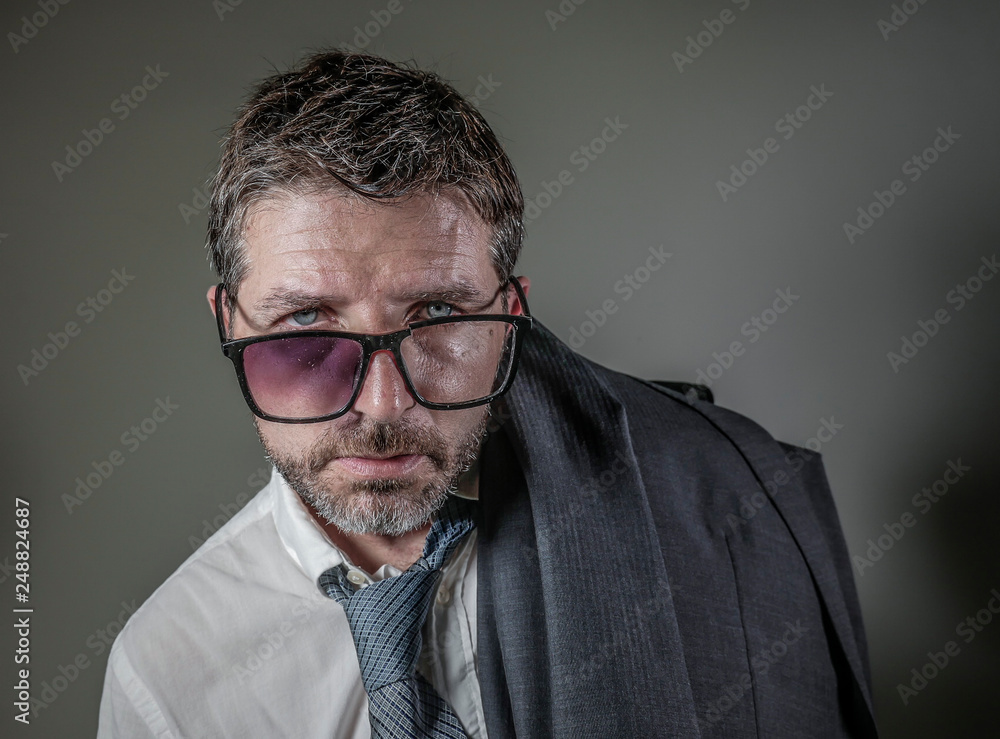 hilarious portrait of 40s weird and wasted businessman in suit and tie ...