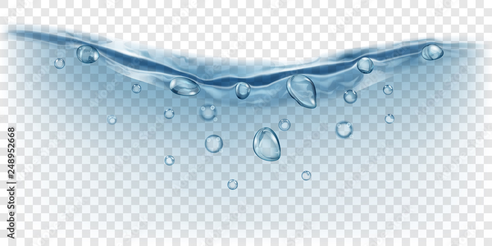 Translucent water wave in gray colors with air bubbles and drops ...