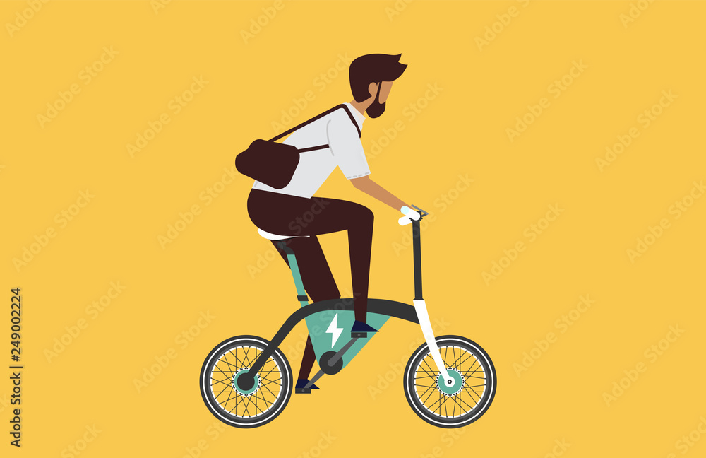 Cartoon picture with man riding fast modern electric bicycle. Enjoying ...