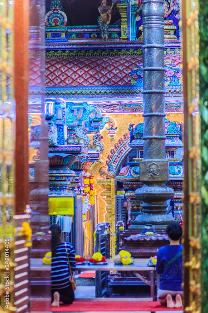 Colorful night view of indian gods sculpture at Sri Maha Mariamman ...