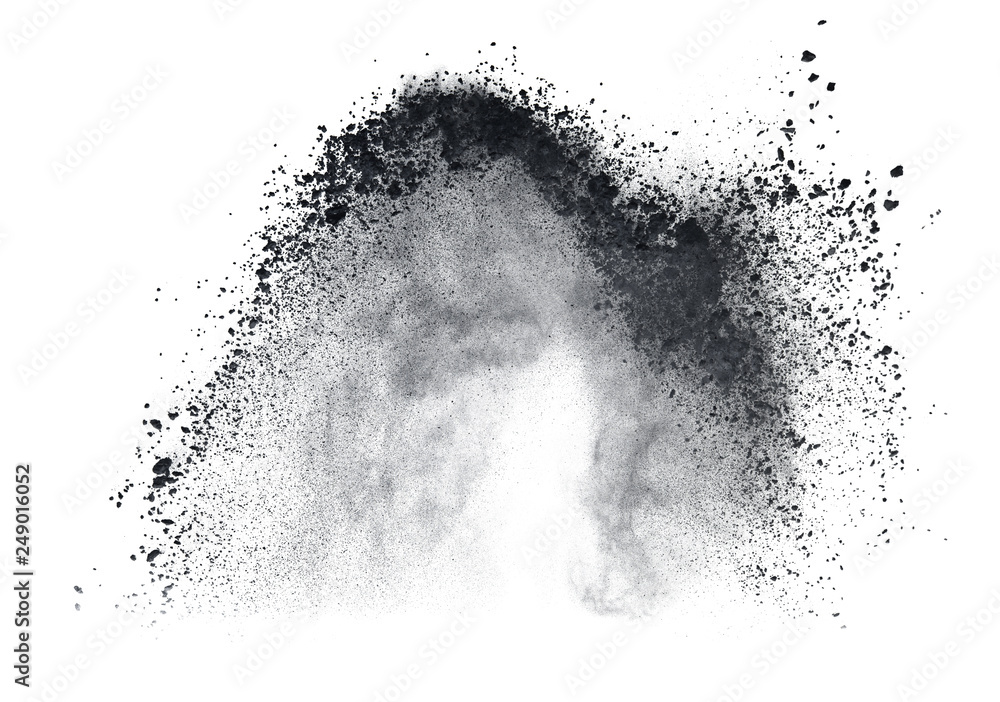 Black powder or flour explosion isolated on white background freeze ...