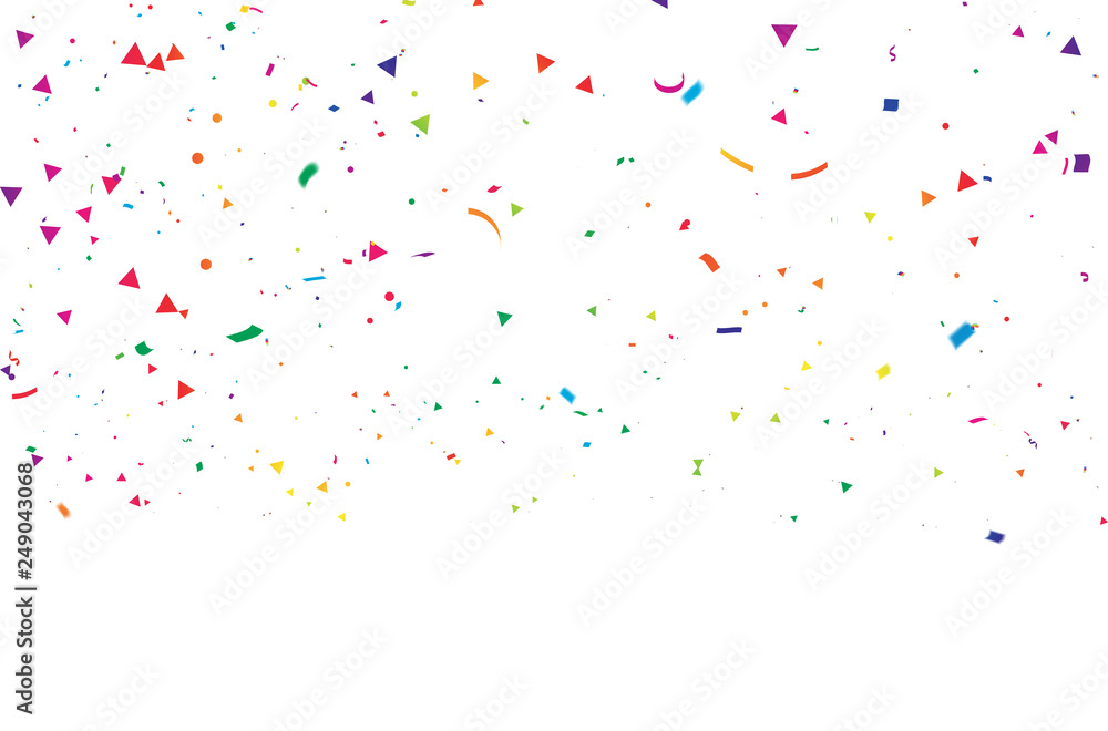 White background with colorful confetti Celebration carnival ribbons ...
