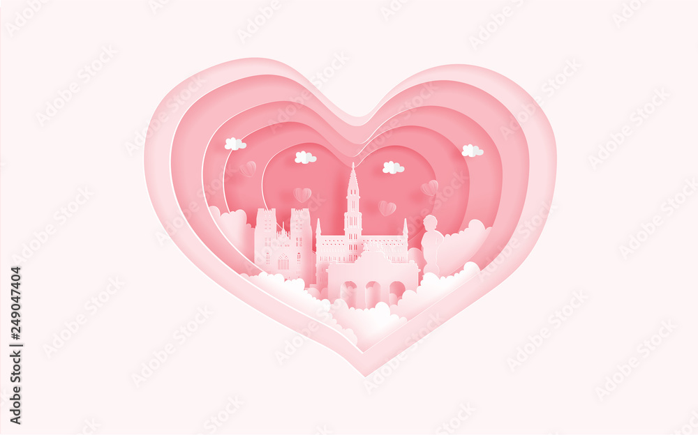 Brussels, Belgium famous landmarks in love concept with heart shape ...