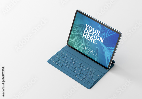 Tablet with Blue Keyboard Mockup Stock Template | Adobe Stock