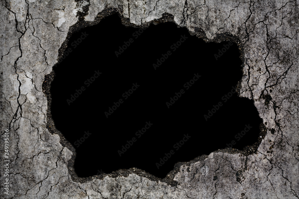 Scary background damaged grungy crack and broken concrete wall, concept ...