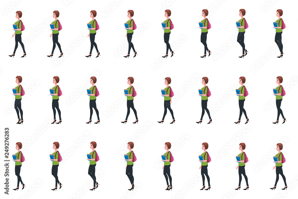 Vector de Stock Girl Student walk cycle animation sprites, Loop ...