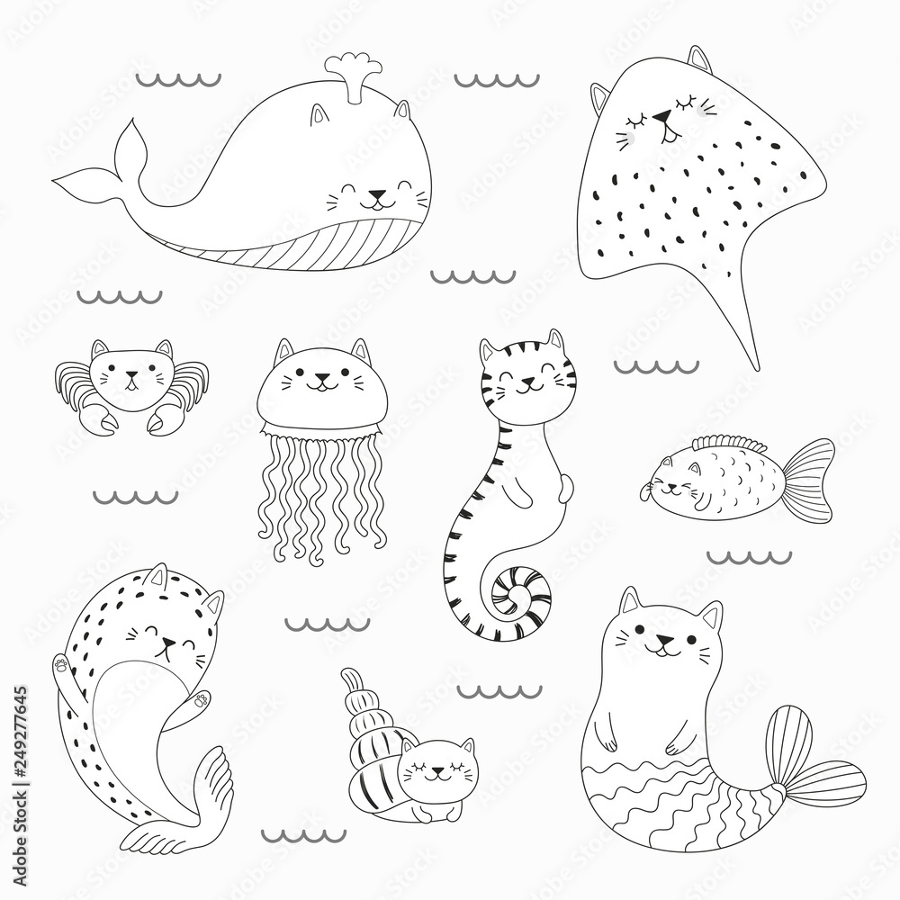 Set of kawaii doodles of sea animals with cat ears, mermaid, jellyfish ...