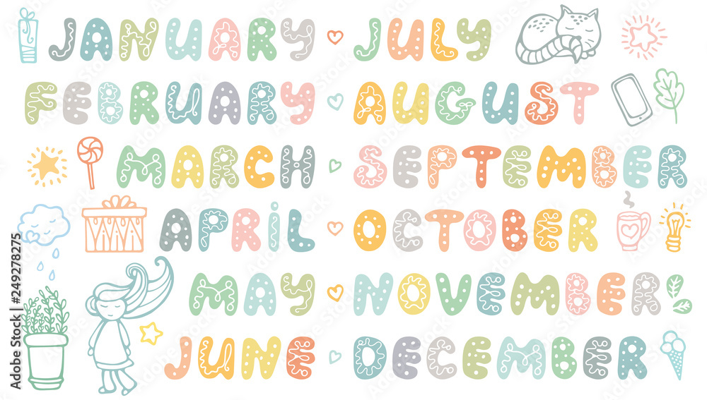 Handwritten names of months. Cute doodle set for banner, poster ...