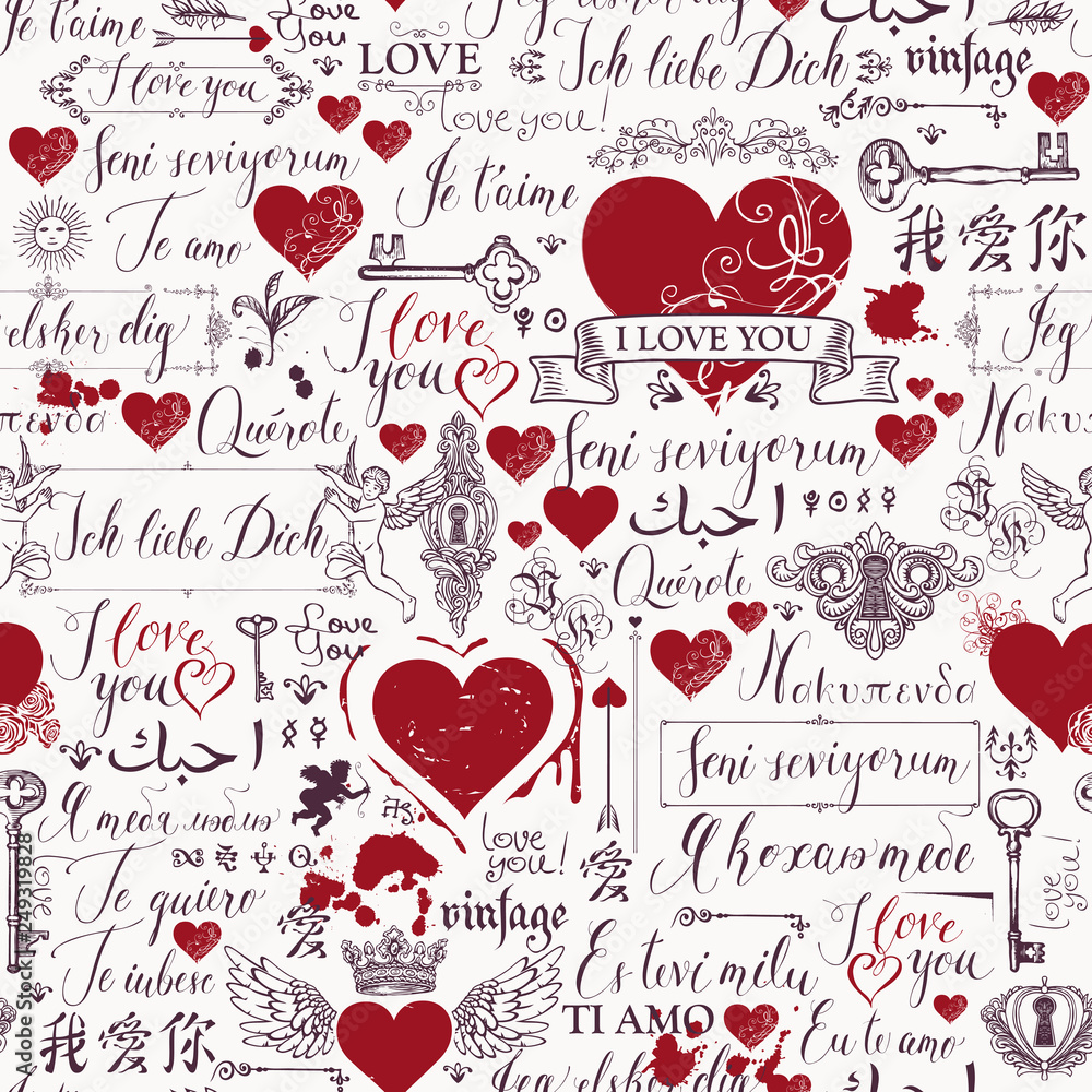 Vector seamless background with red hearts, keys, keyholes, cupids and ...