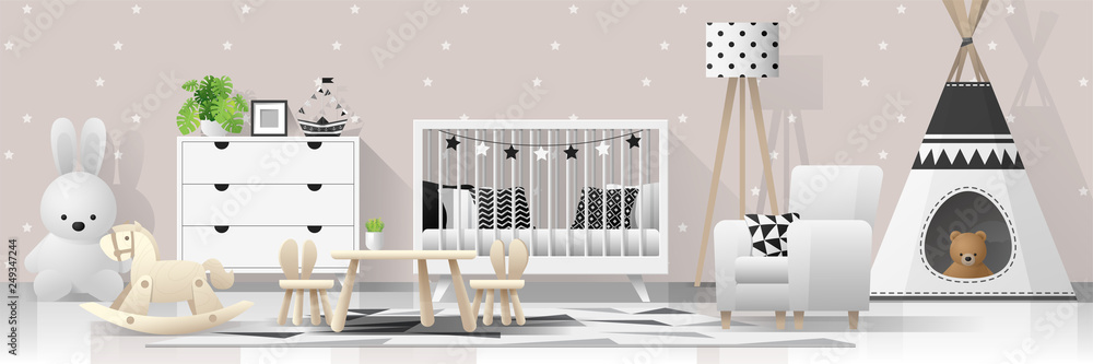 Interior background with modern baby bedroom , vector , illustration ...