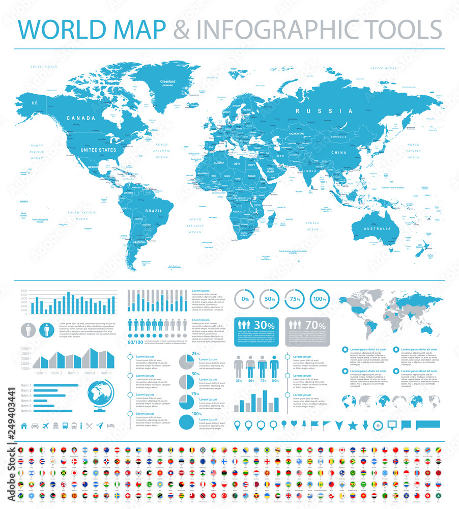 World Map and Flags - borders, countries and cities - infographic ...