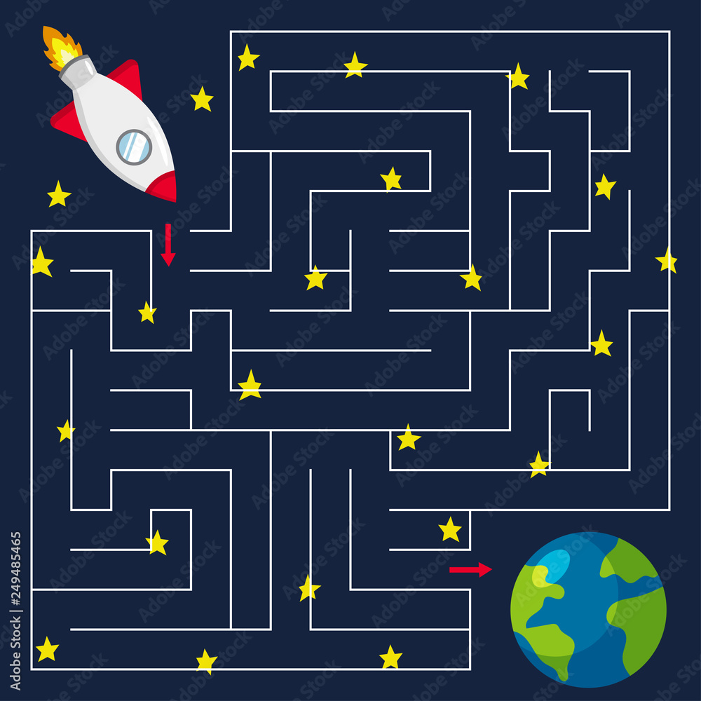 Maze game for kids. Help the rocket find the way to planet. Open space ...