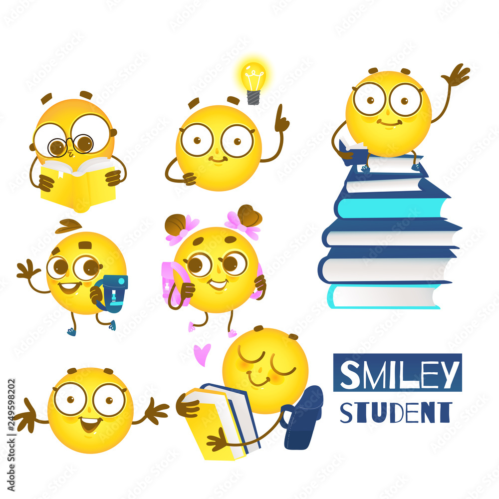 Smiley emoticon student set of cute emoji balls with backpacks and ...