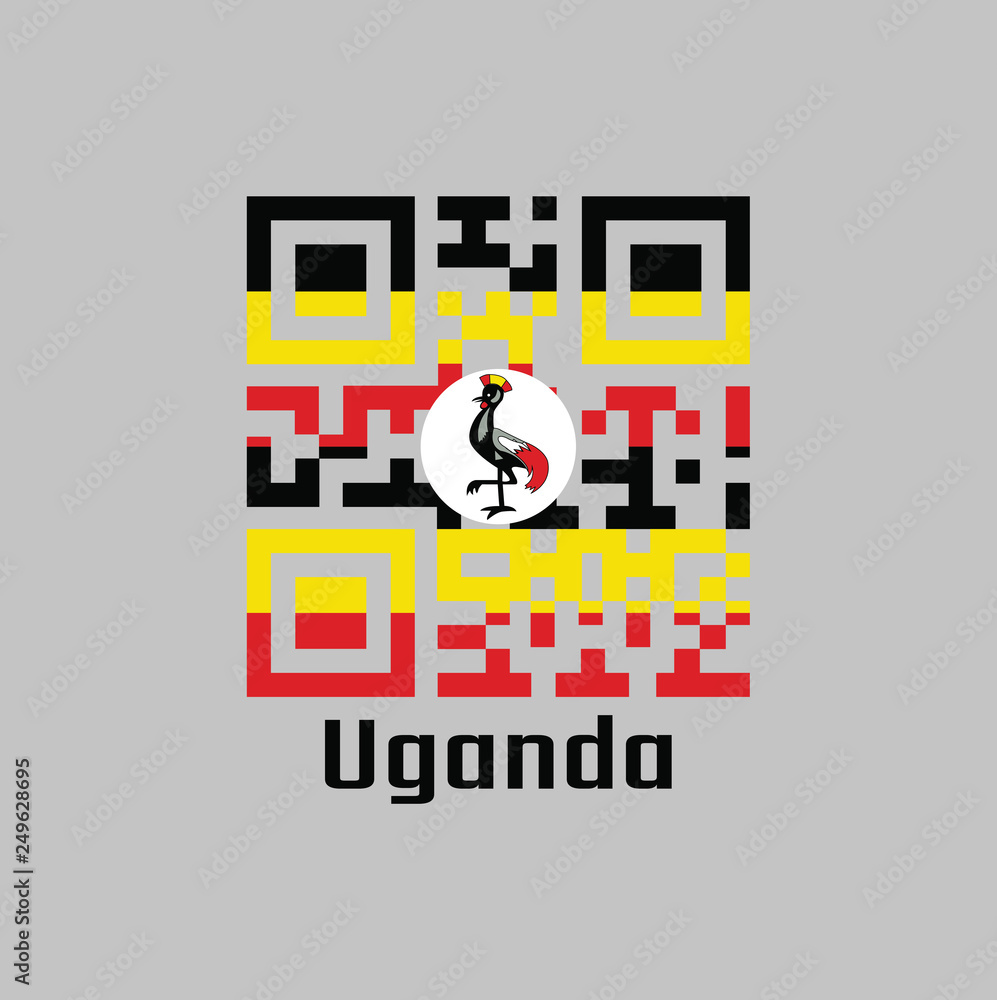 QR code set the color of Uganda flag. black yellow and red ; a white ...