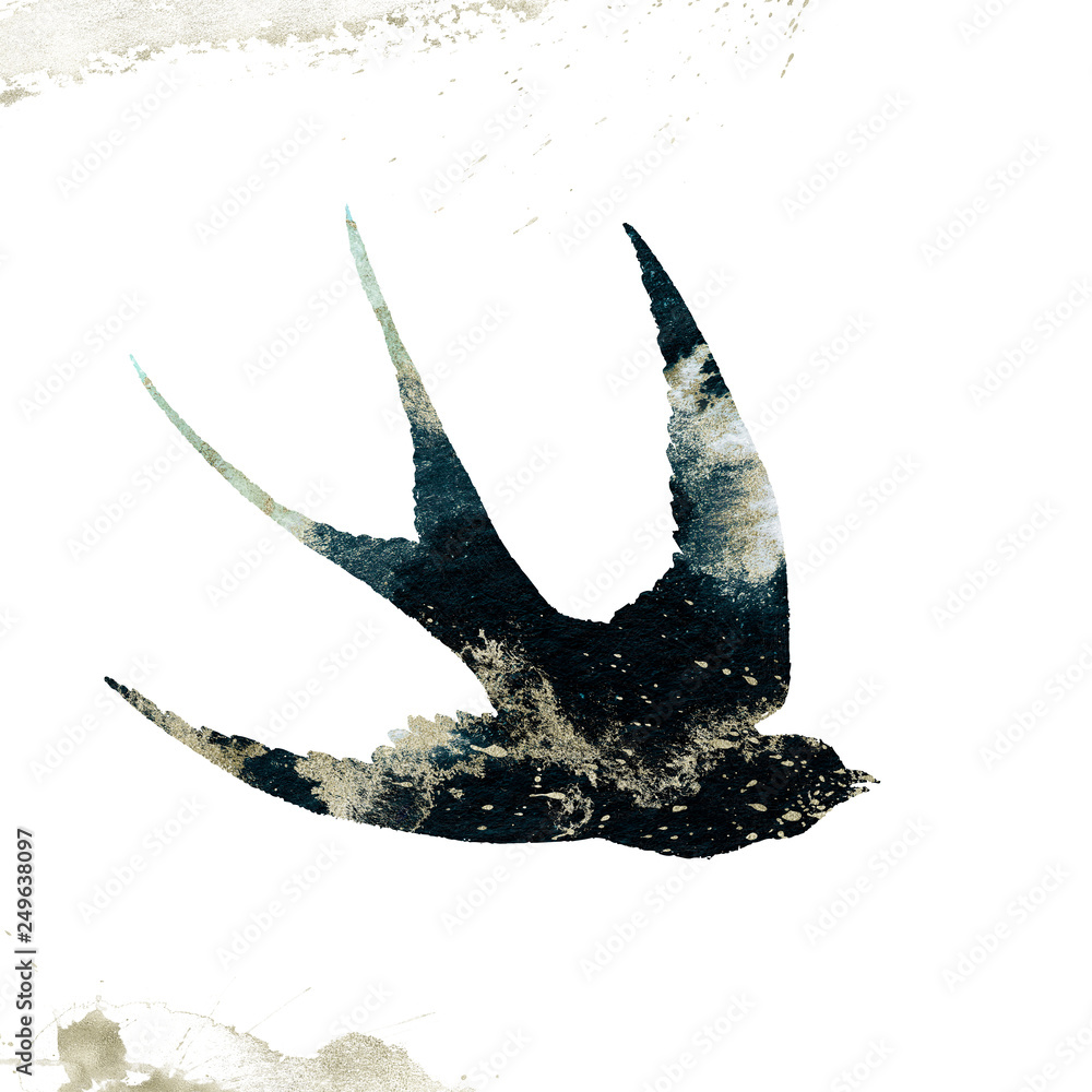 Watercolor Textured Bird - swallow / martlet composition with gold ...