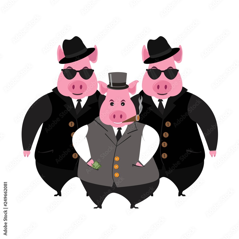 Stock-Vektorgrafik „Funny cartoon capitalist pig caricature. Rich piggy boss with cigar, monocle ...