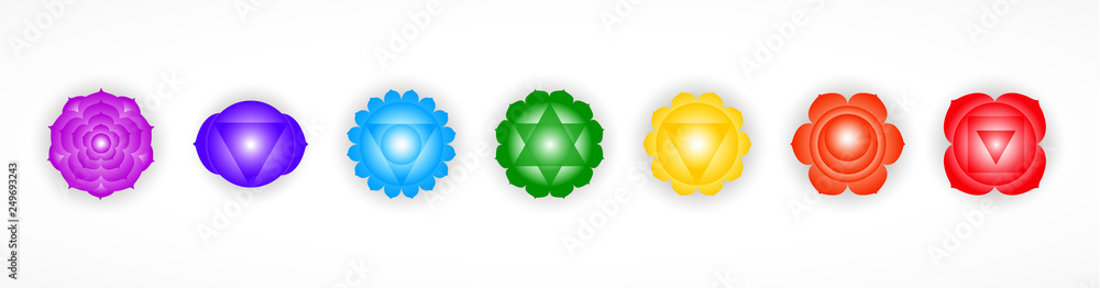 Set of seven colorful chakras symbols isolated on white background ...