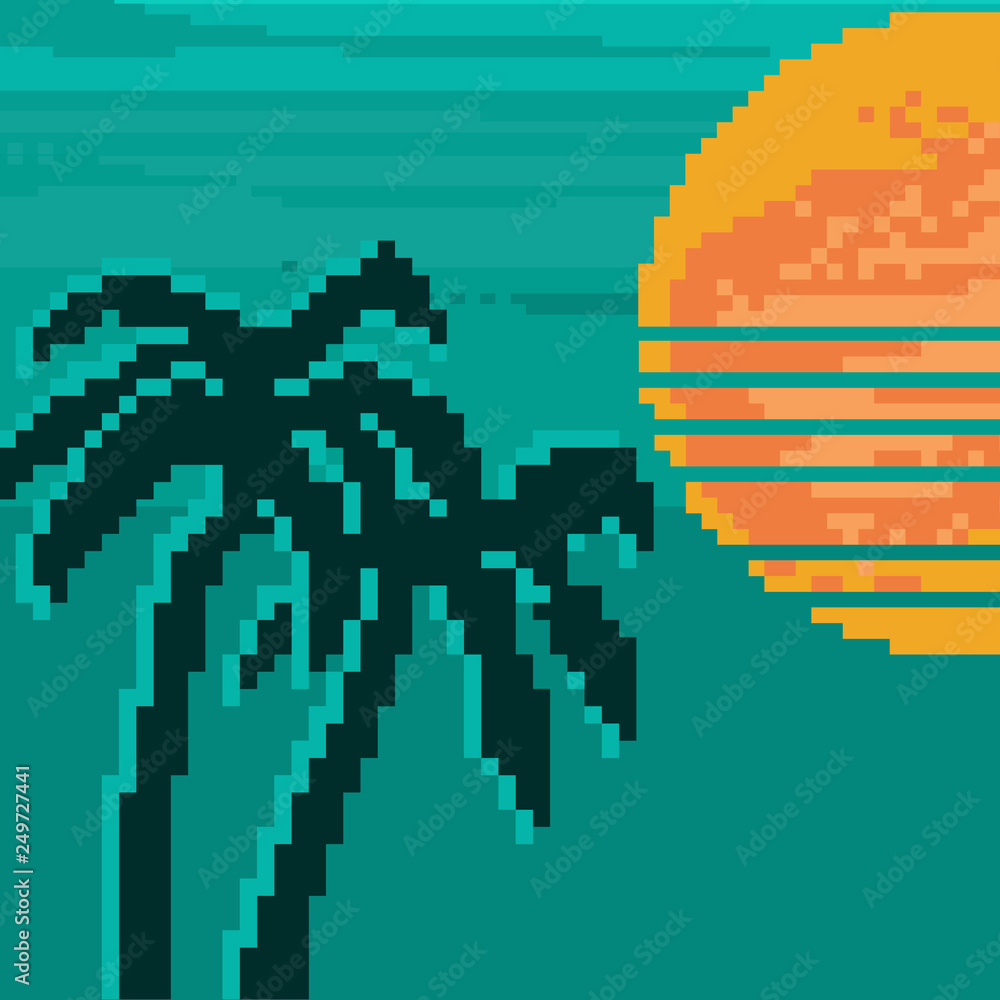Pixel art of retro background futuristic landscape 1980s style. Palms ...