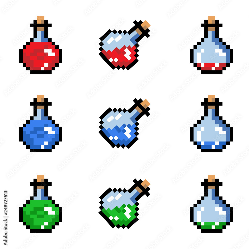 Set of potion bottles phial vial, pixel art style. Pixel bottle of ...