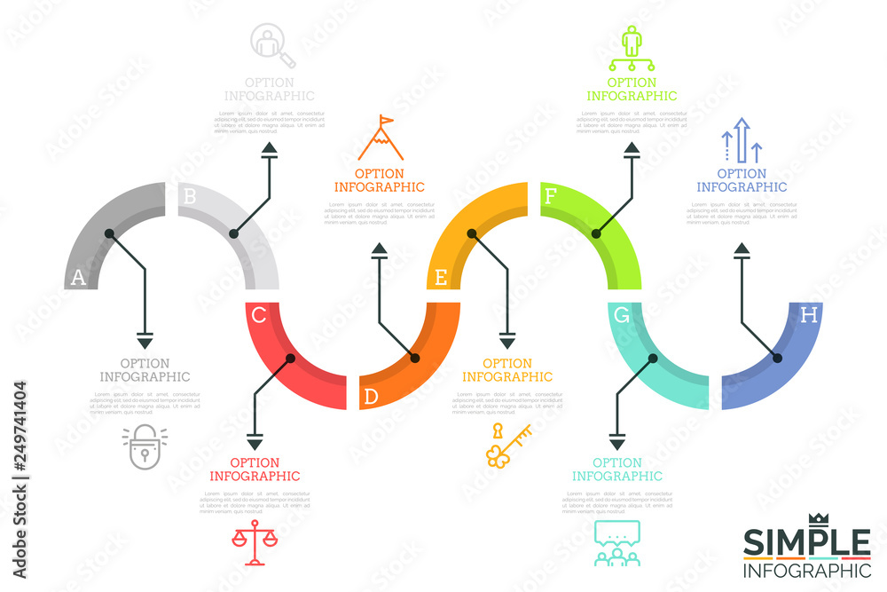 เวกเตอร์ Stock Curved line divided into 8 lettered colorful sections ...