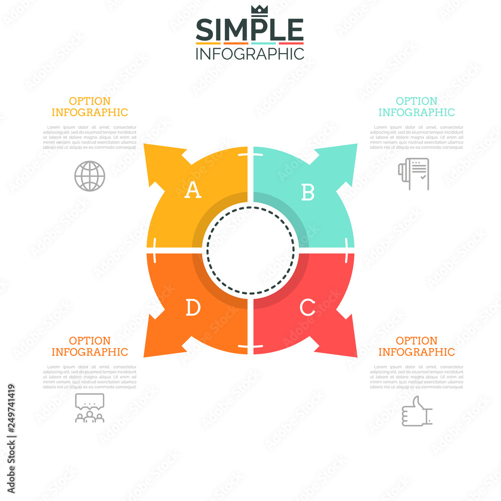 Pie chart divided into 4 sectors with arrows pointing at icons and text ...