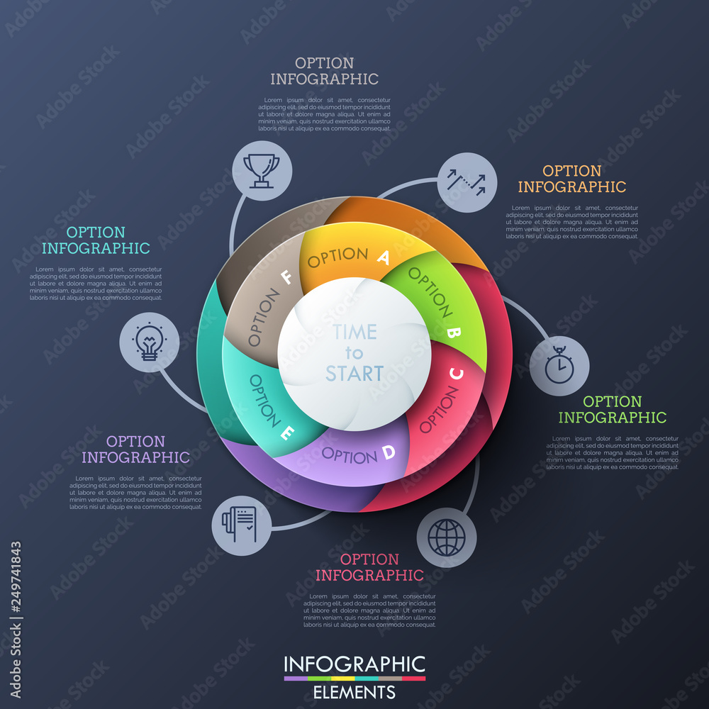 Circular diagram divided into 6 multicolored spiral sectors connected ...