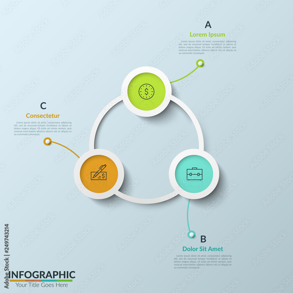 Round diagram with 3 circular elements, thin line pictograms and ...