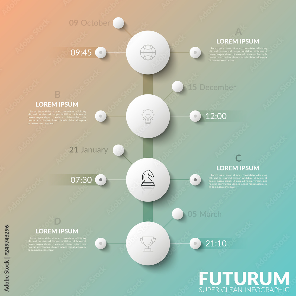 Vector de Stock Vertical timeline with 4 white round elements, date and ...