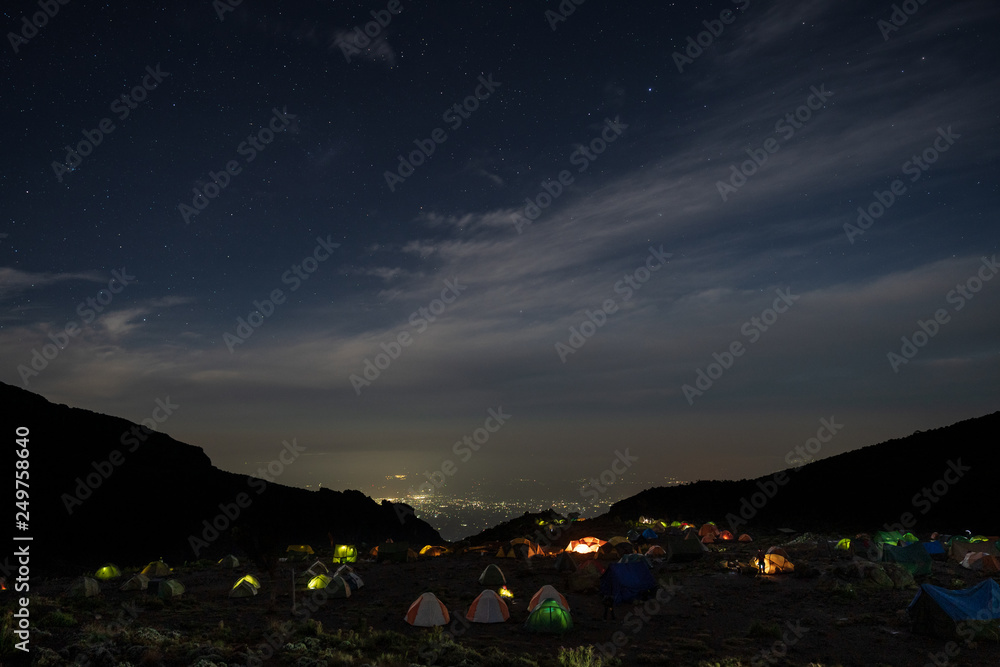 View on Moshi city by night, from Barranco camp in Kilimanjaro National ...
