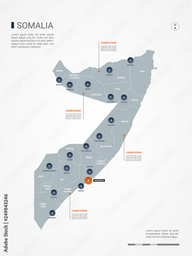 Стоковий вектор Somalia map with borders, cities, capital and ...