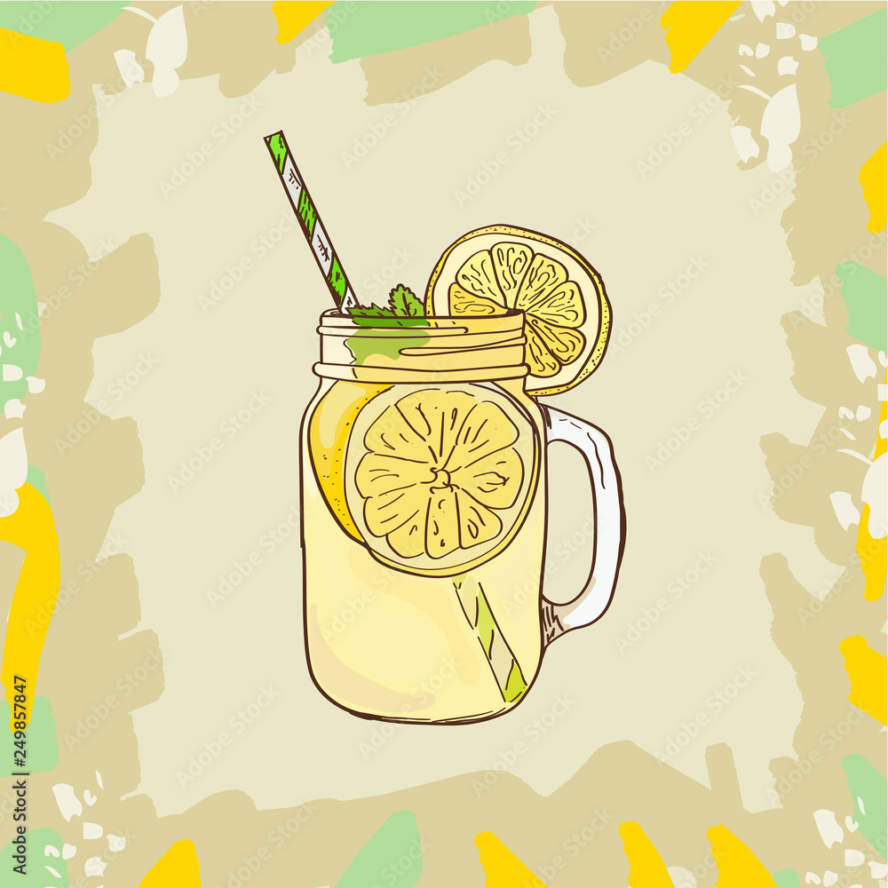 Lemonade in mason jar mug with drinking straw and lemon wedge. Refreshing summer drink vector ...