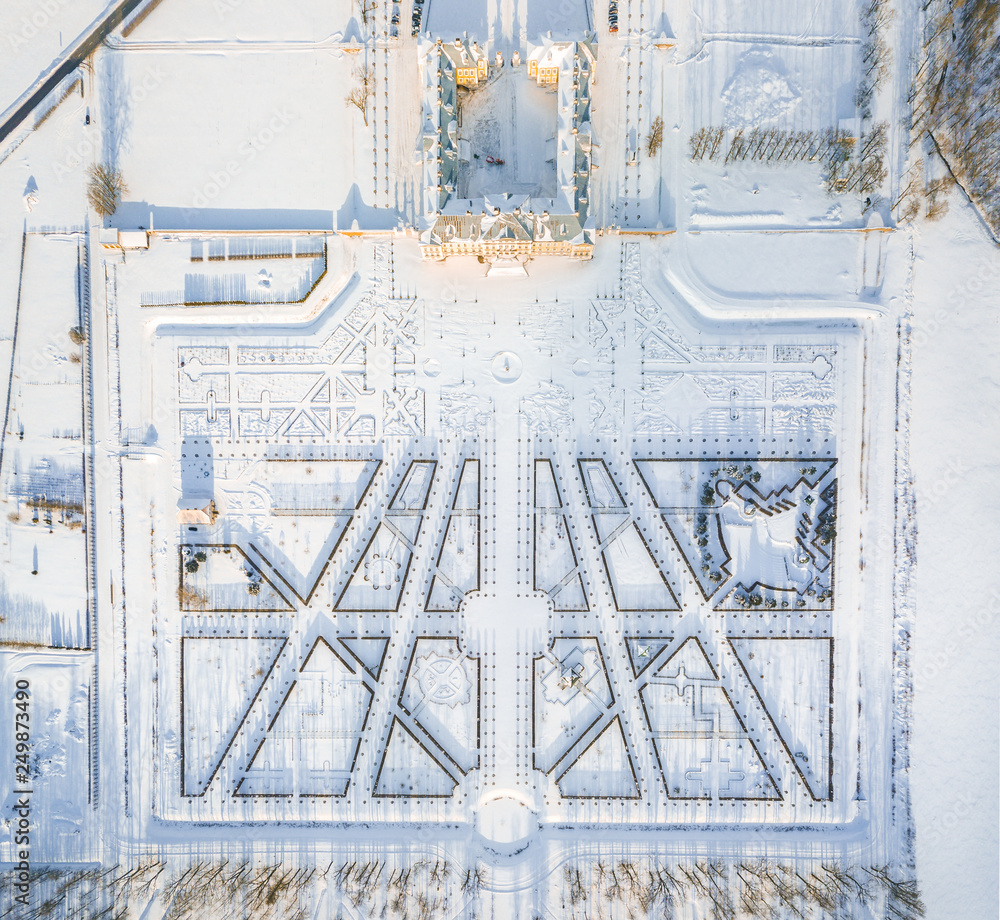 Aerial view of Rundale palace and baroque garden covered in snow at a ...