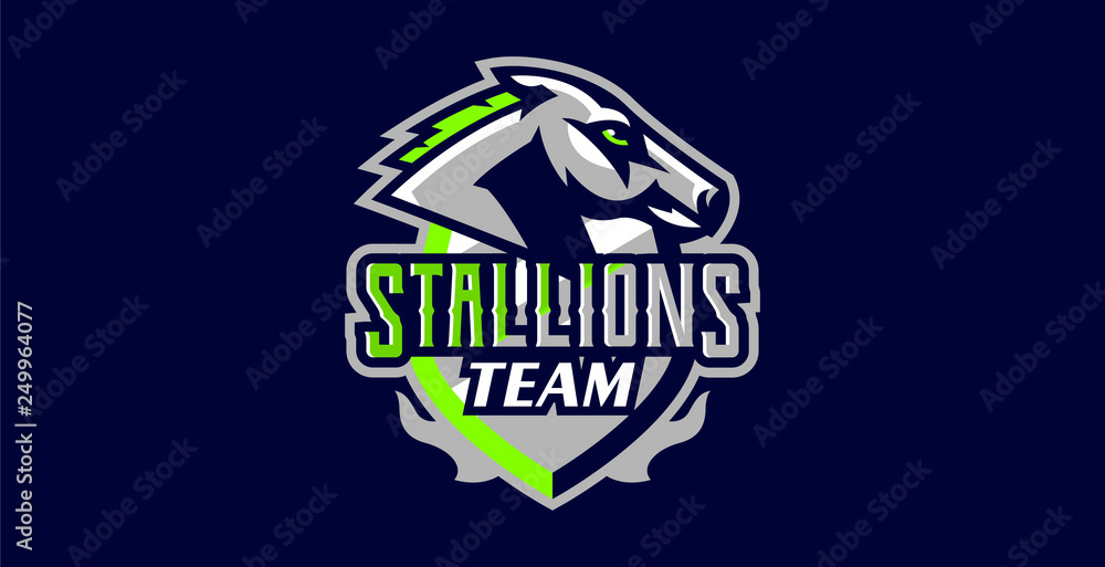 Horse logo. Sports logos of horses, racing stallions. Shield, text ...