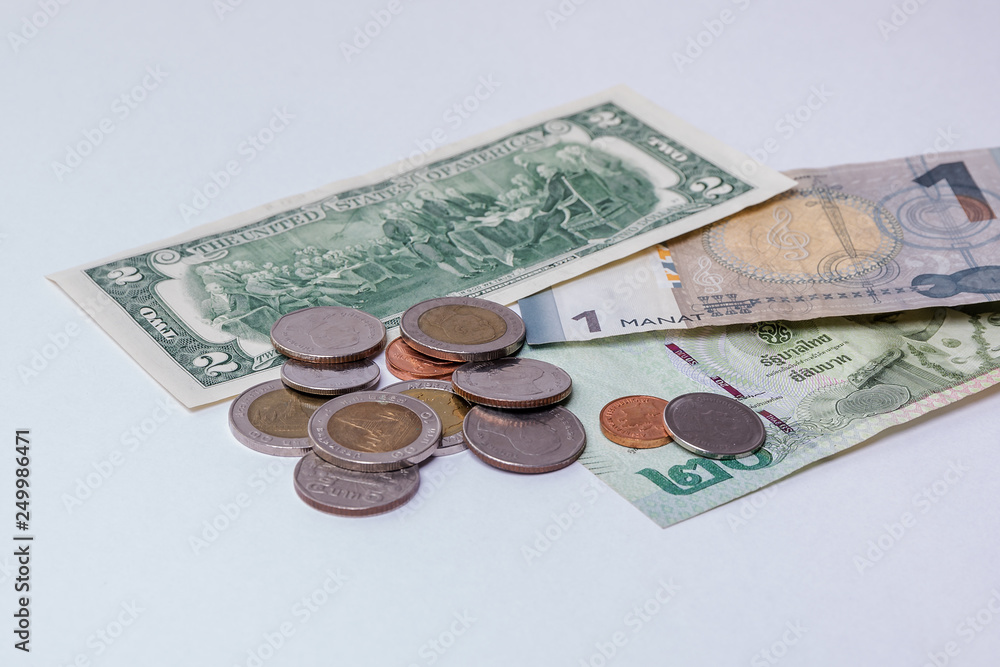 National currency of different countries. Banknotes and coins. The Thai ...