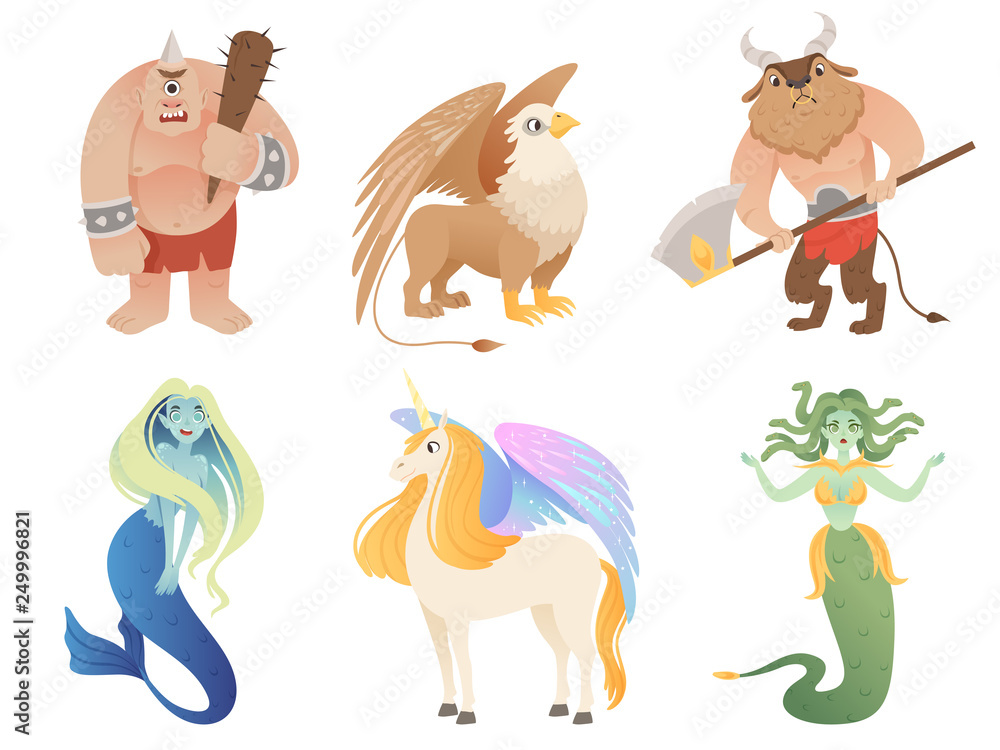 Mythical creatures. Flying lion cyclop minotaur pegasus griffin centaur ...