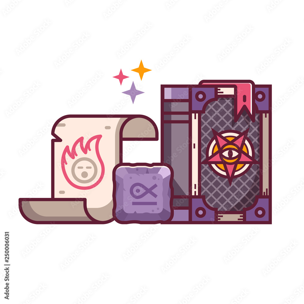 Rpg fantasy game elements with sacred runes, magic scroll and spell ...