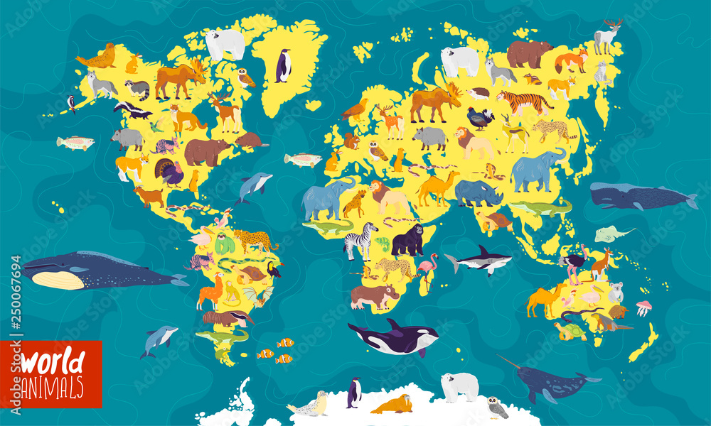 Vector flat illustration of world map with sea, oceans, continents and ...